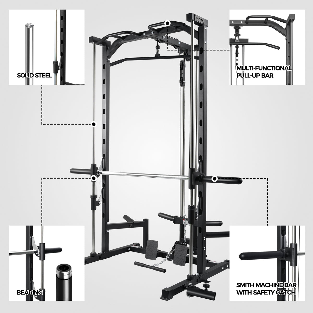 RitFit PSR05 2.0 Multifunctional Smith Machine Power Rack with LAT-Pul
